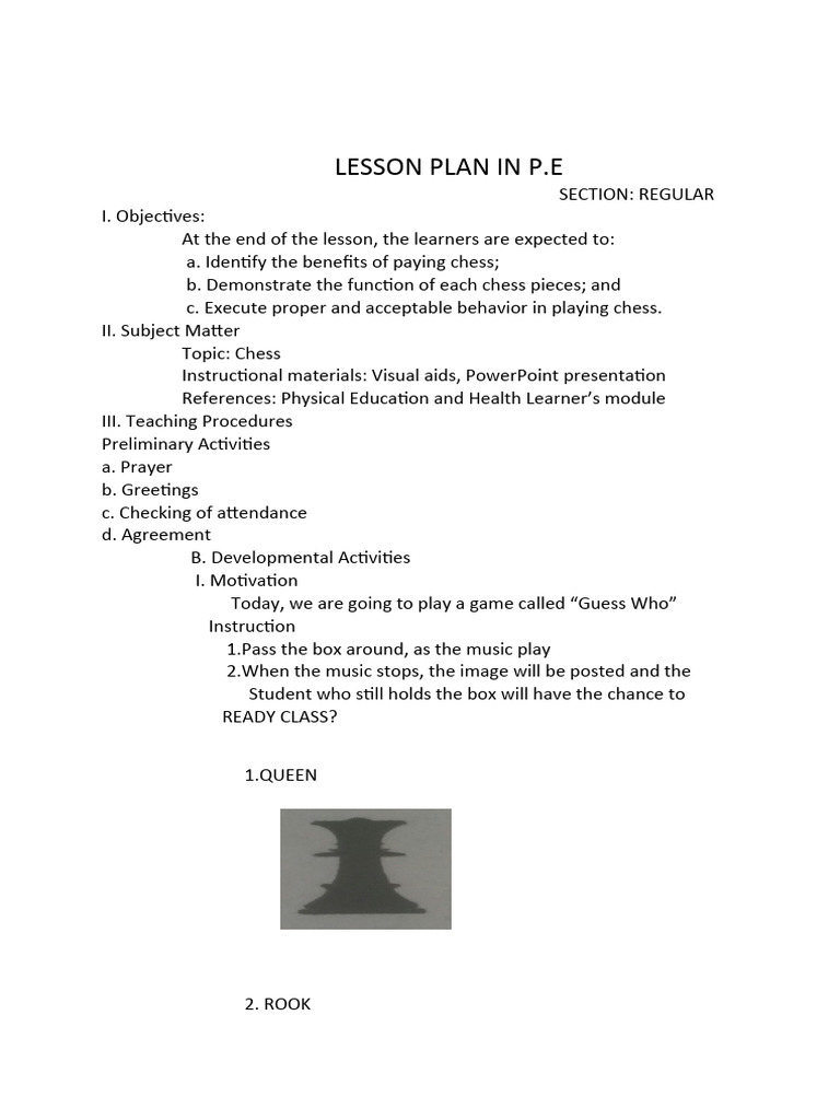 Lesson Plan in Pe | PDF | Chess | Competitive Games
