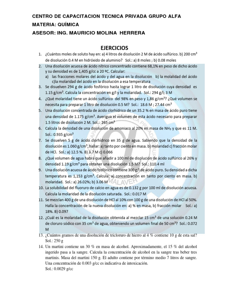 Guia de Ejercicios Soluciones | PDF | Concentración | Ácido clorhídrico