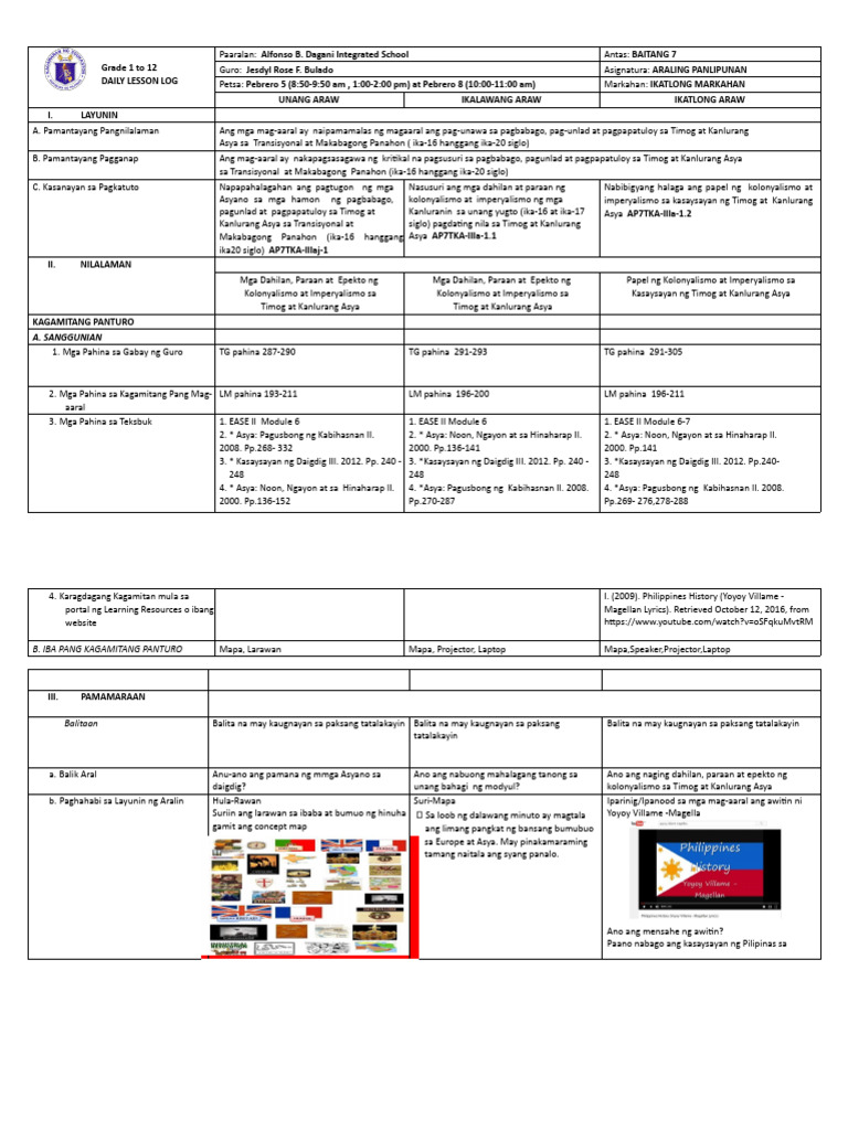 Grade 7_DLL 1-3 (Araling Panlipunan) | PDF