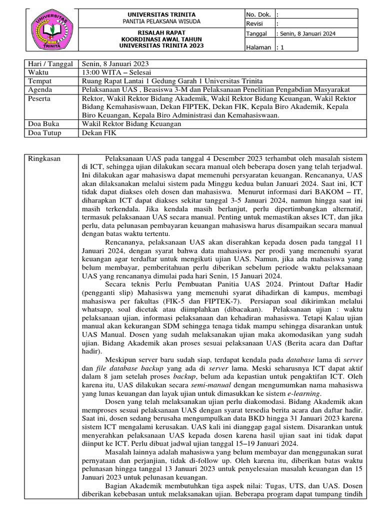 Risalah Rapat Awal Tahun 2024 | PDF