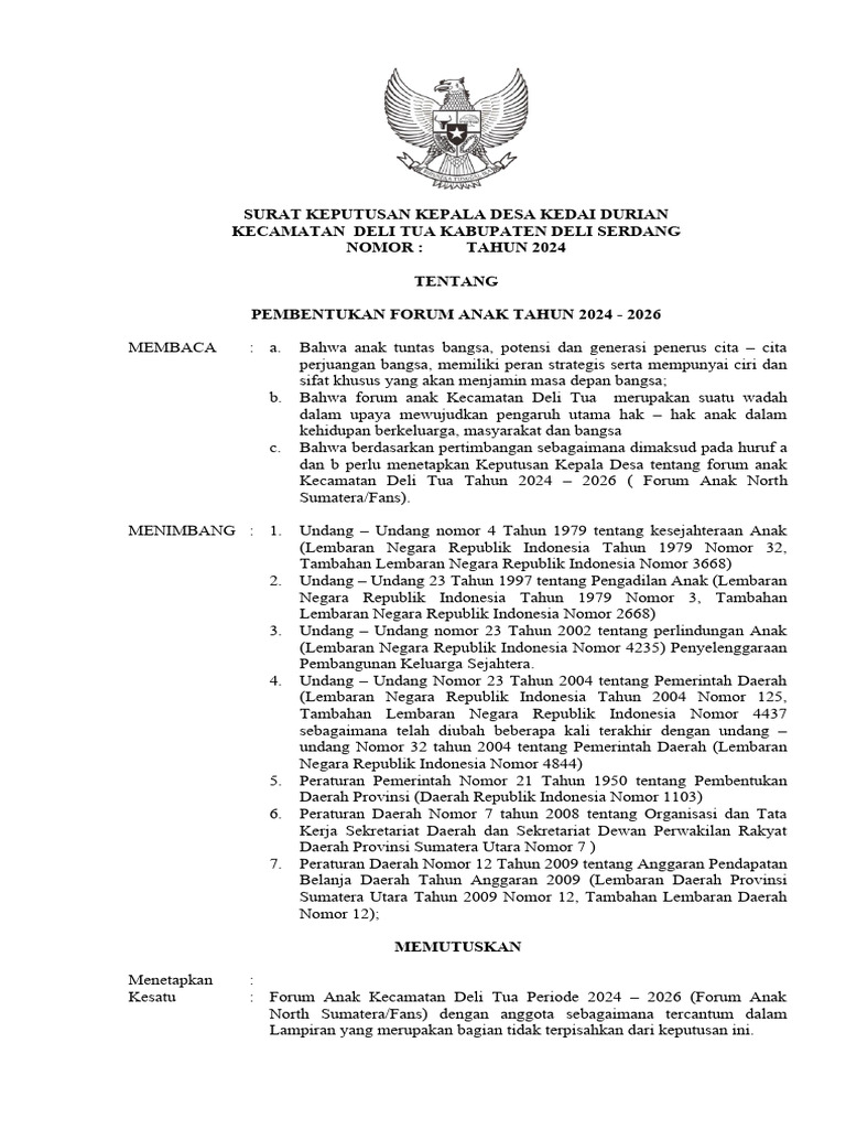 SK Pembentukan Forum Anak Tahun 2024 - 2026 | PDF