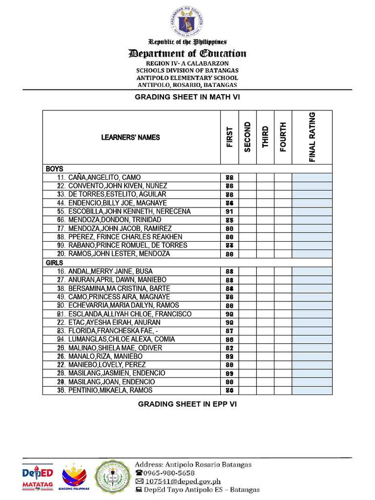 Grading Sheet 2023 2024 Grade 6 | PDF