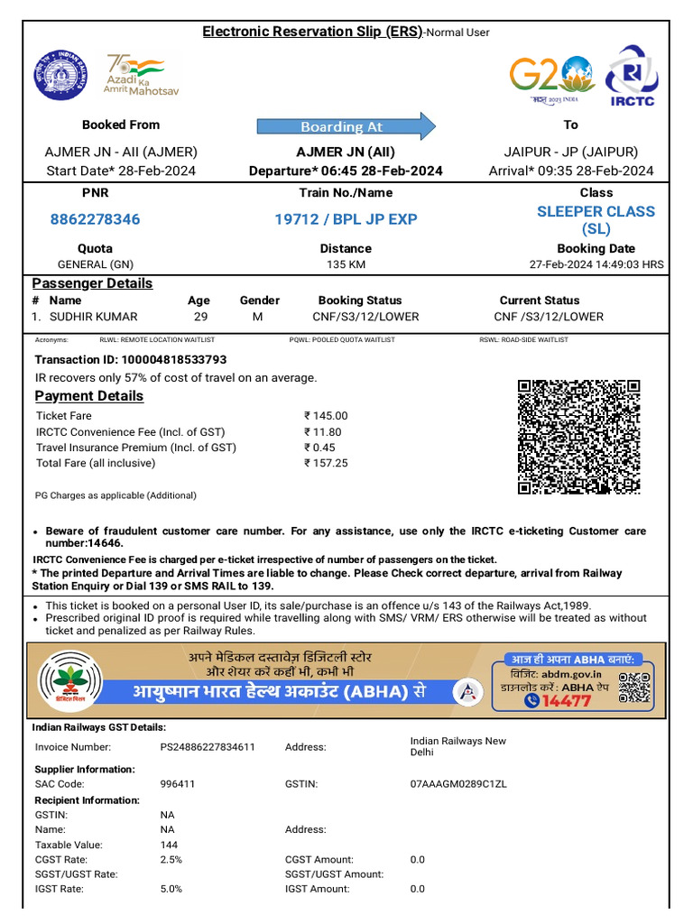 BPL JP EXP Sleeper Class (SL) | PDF | Identity Document