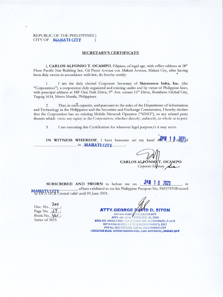 Certification of No MNO or Related Party Owns Equity in Skytowers | PDF