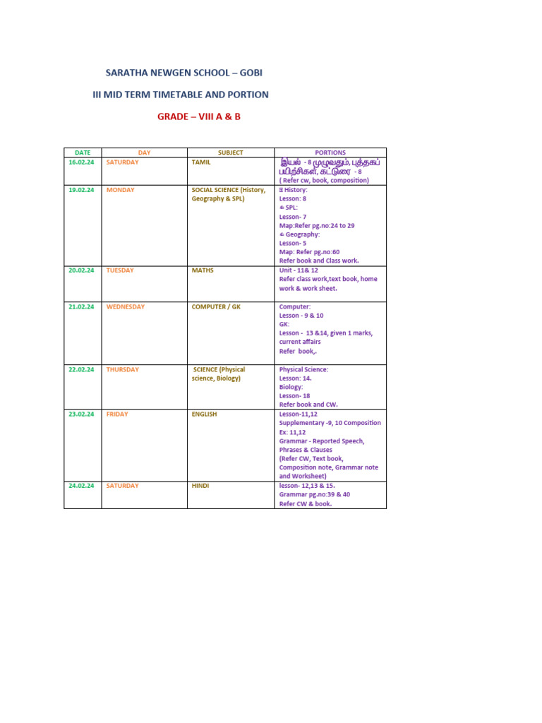 Iii Midterm Timetable &portions | PDF