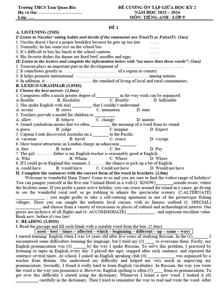 De Cương Gi A Hk2-Anh 9 Chinh Thuc (2023-2024) | PDF | Lunch | English Language