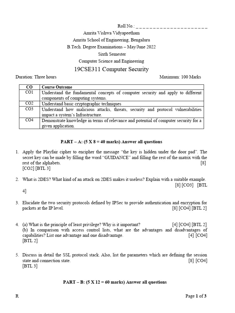 Sample QPwithCO, BTL | PDF | Cryptography | Encryption