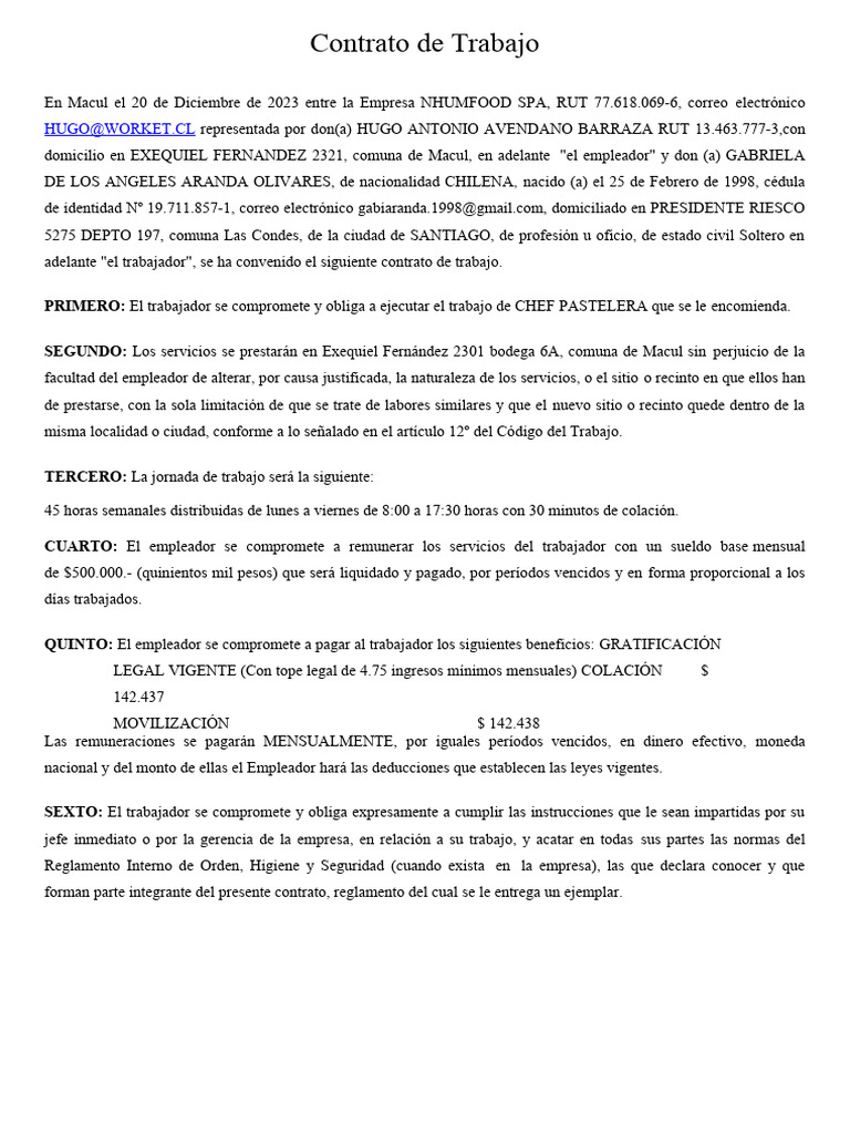 Contrato de Trabajo Chef Pastelera | PDF | Derecho laboral | Economias
