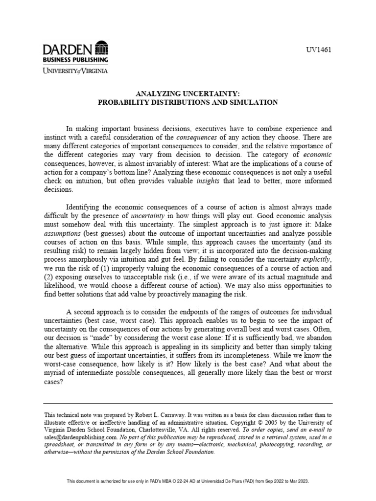 UV1461 Analyzing Uncertainty - Probability Distribution and Simulation | PDF | Risk ...