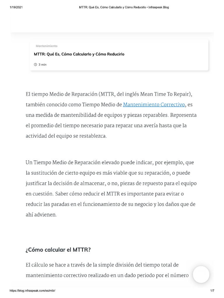 MTTR - Qué Es, Cómo Calcularlo y Cómo Reducirlo - Infraspeak Blog | PDF