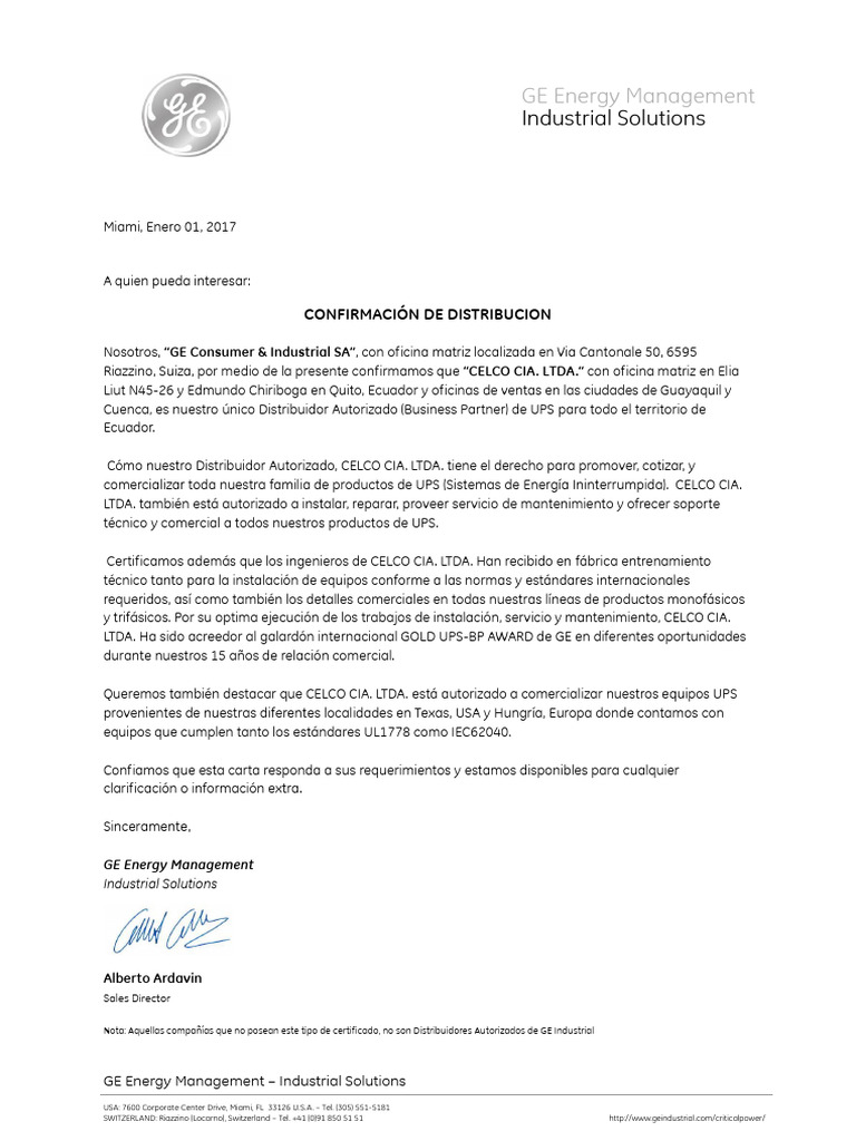 Certificado Distribucion Celco General - Electric 2017 | PDF