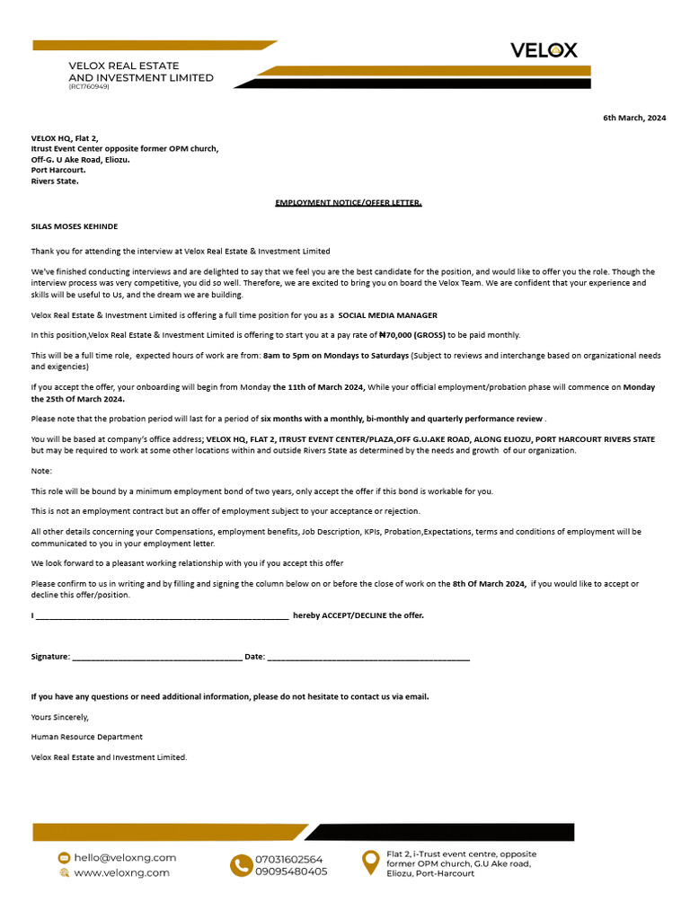 Silas Moses Kehinde Velox Real Estate Notice - Offer Letter | PDF ...