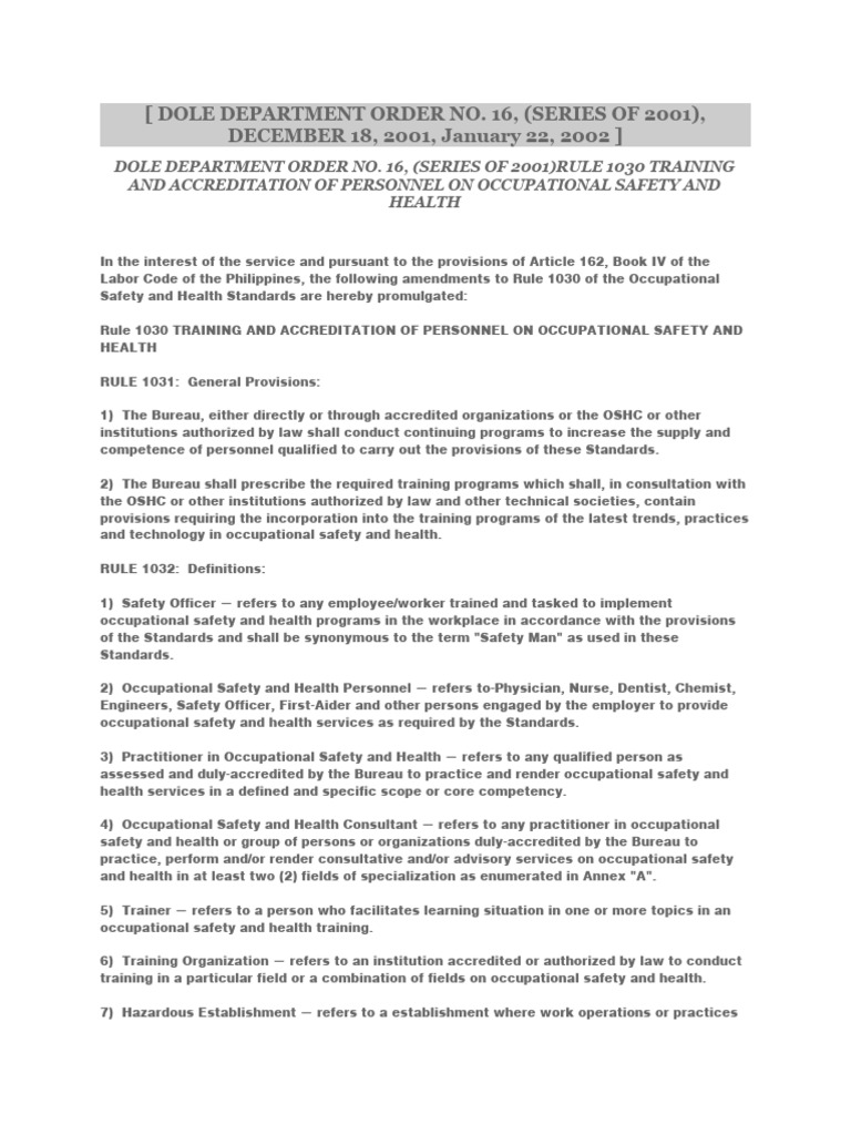 Dole Department Order No 16 | PDF | Occupational Safety And Health ...