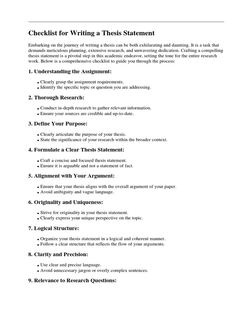 Checklist for Writing a Thesis Statement | PDF | Thesis | Essays