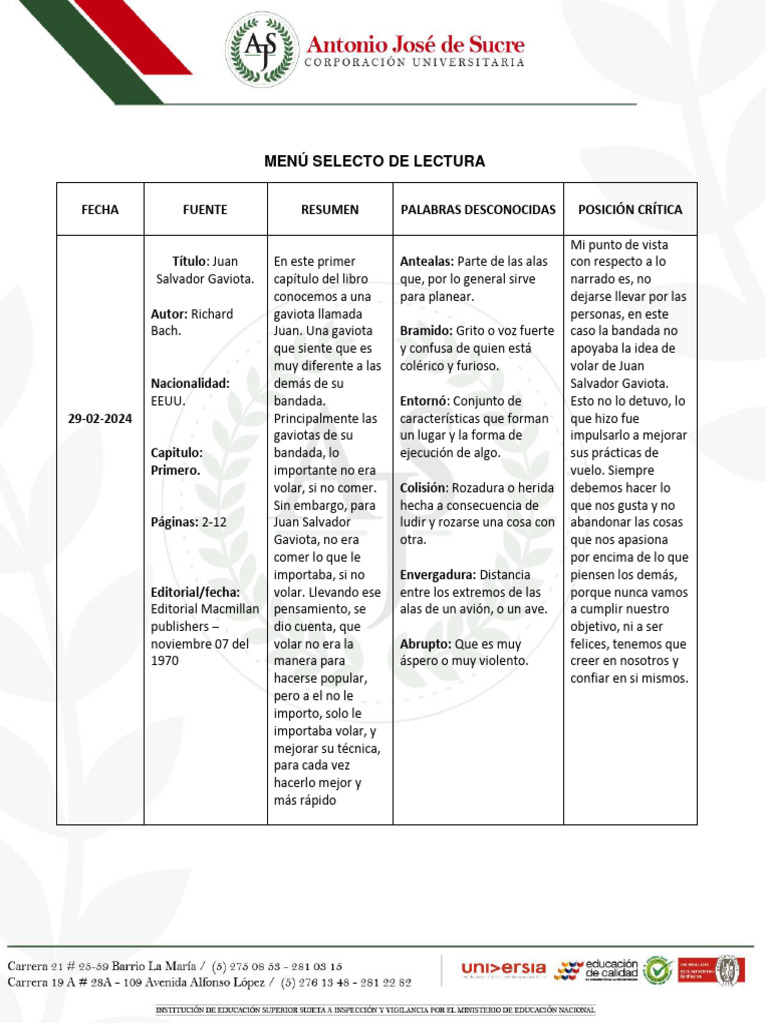 Formato Menú Selecto de Lectura | PDF