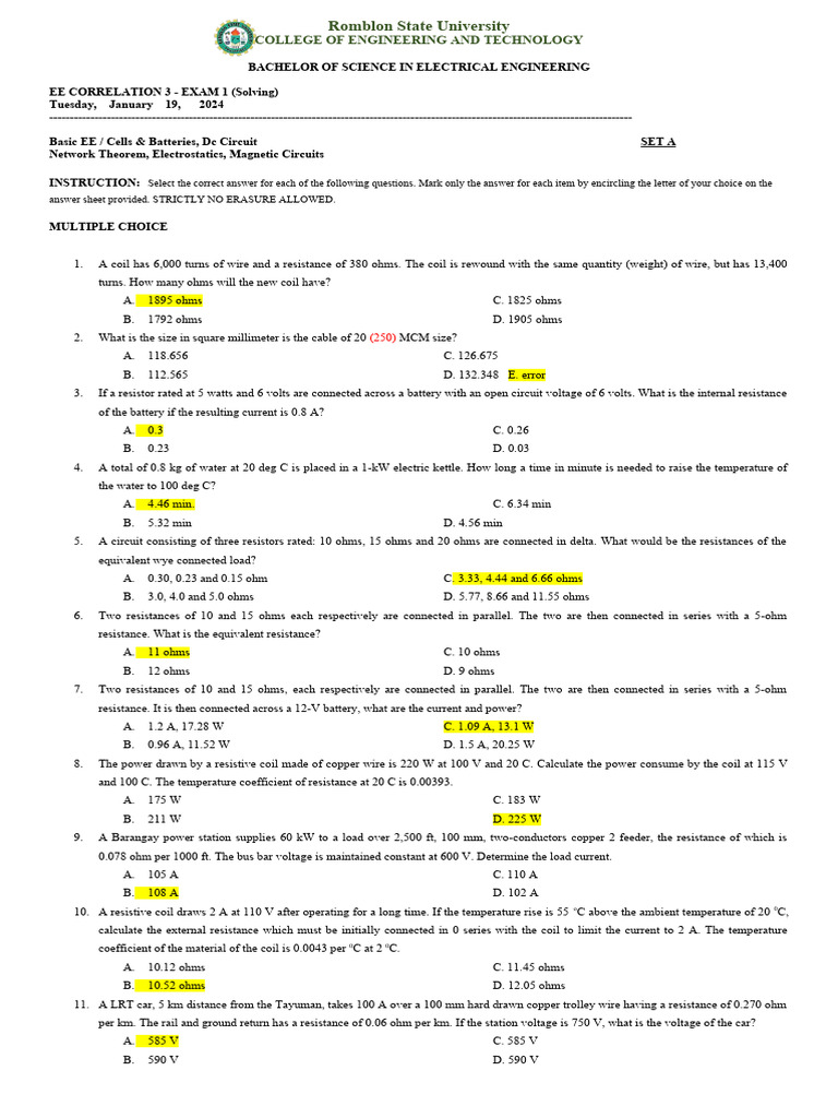 Exam 2 Set A | PDF | Electrical Resistance And Conductance | Series And ...