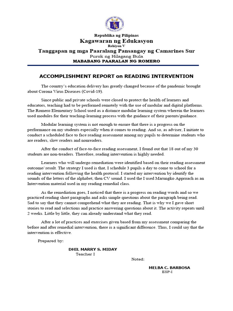 Accomplishment Report in Reading Dhil | PDF | Learning Methods | Pedagogy