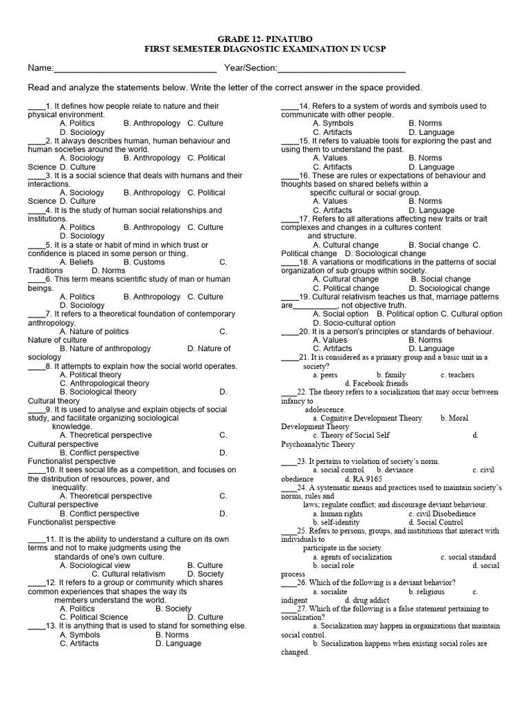 1ST Sem Diagnostic Test | PDF | Sociology | Deviance (Sociology)