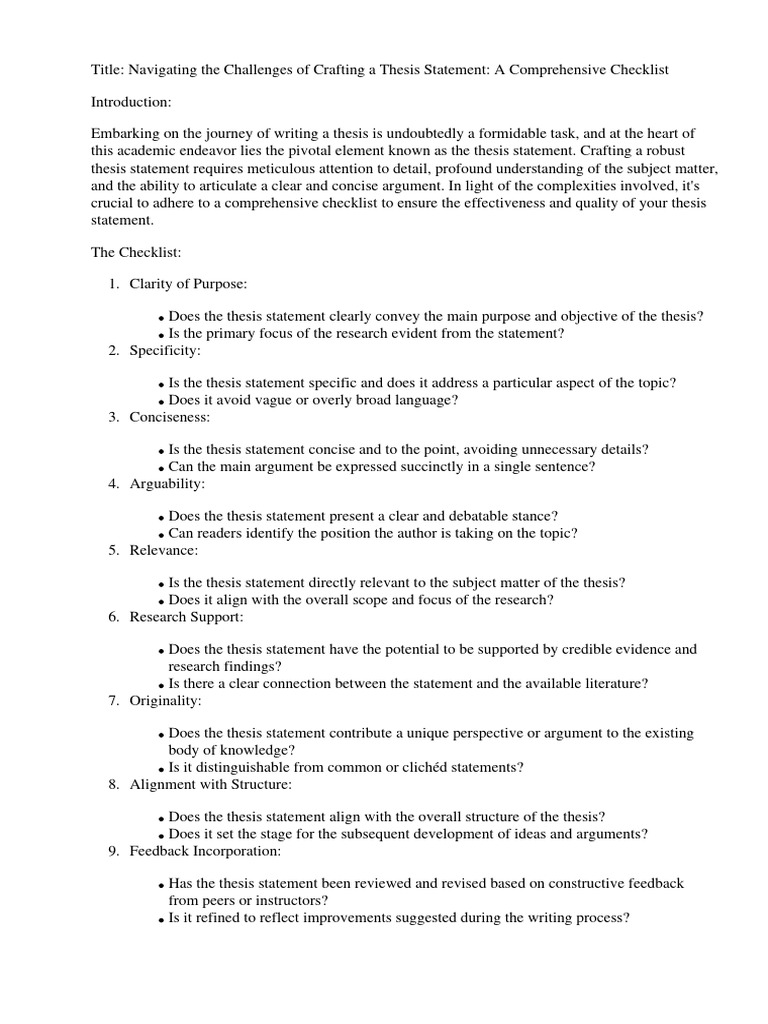 Checklist For A Good Thesis Statement | PDF