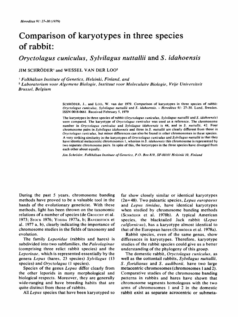 Hereditas - September 1979 - SCHRÖDER - Comparison of Karyotypes in Three Species of Rabbit ...