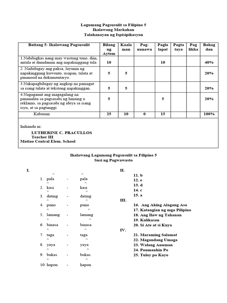 Filipino 5 Q2 Pagsusulit 2 - Pracullos | PDF