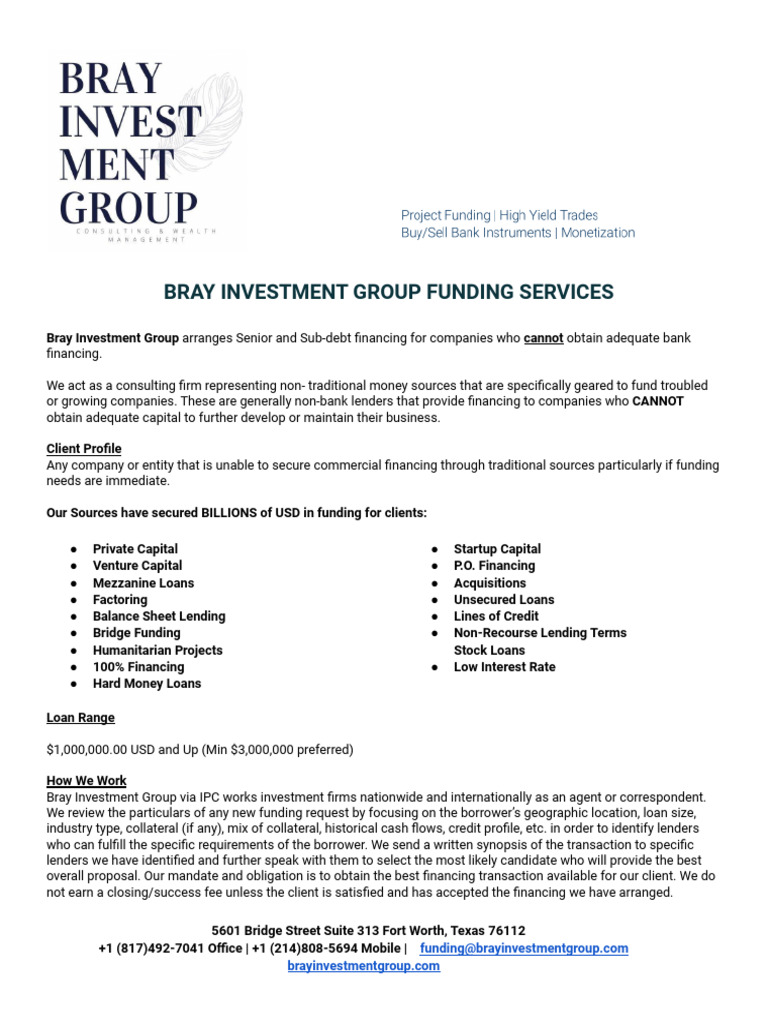Bray Investment Group Funding Services | PDF | Loans | Credit