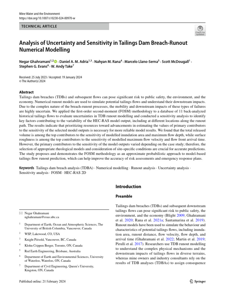 Analysis and Sensitivity in Tailings Dam Breach-Runout Numerical Modelling | PDF | Sensitivity ...