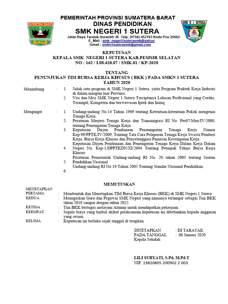 Penunjukan Tim BKK SMK Negeri 1 Sutera | PDF