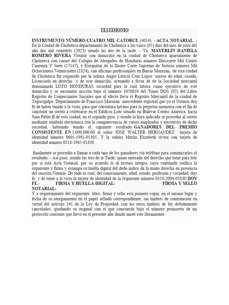 Formato Acta Notarial Sorteo Honduras | PDF | Justicia | Crimen y violencia