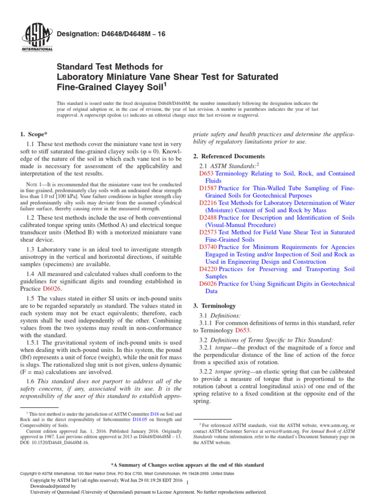 Standard Test Method For Laboratory Miniature Vane Shear Test For ...