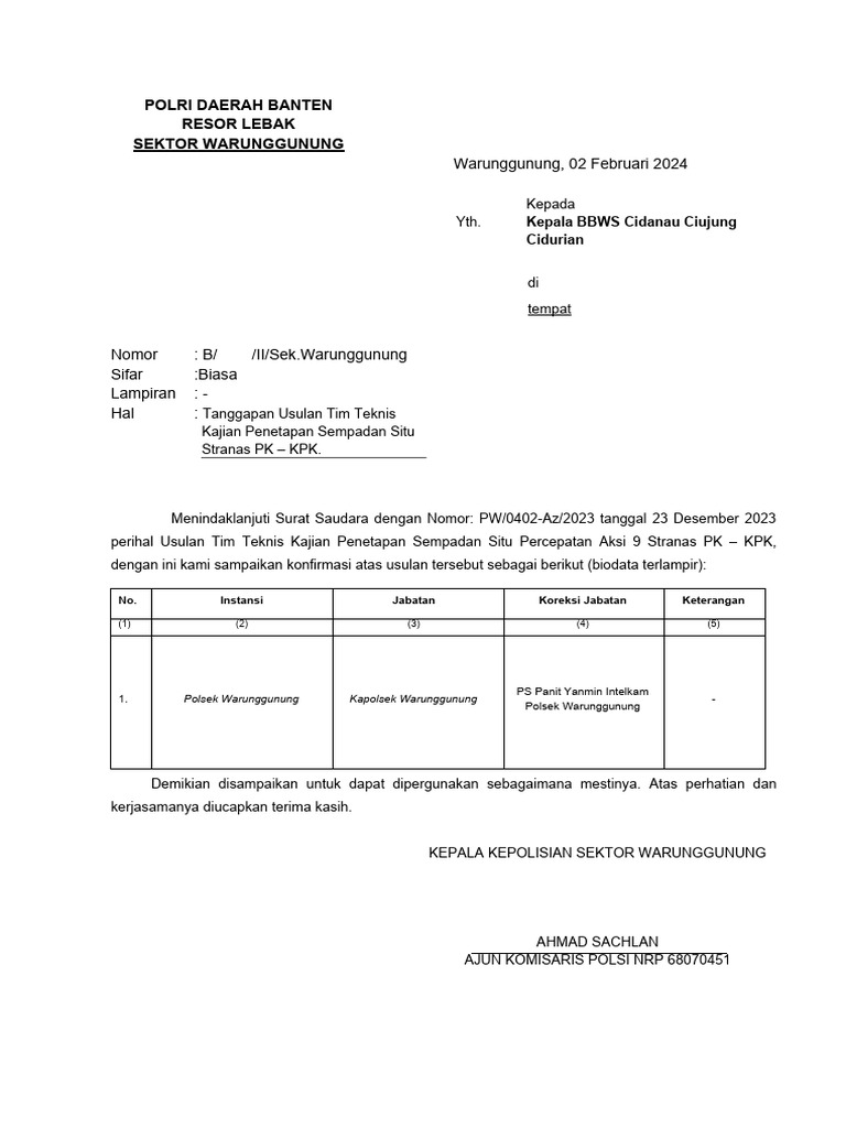 Format Balasan - Permohonan Personil Tim GS Situ CILEMBUN | PDF