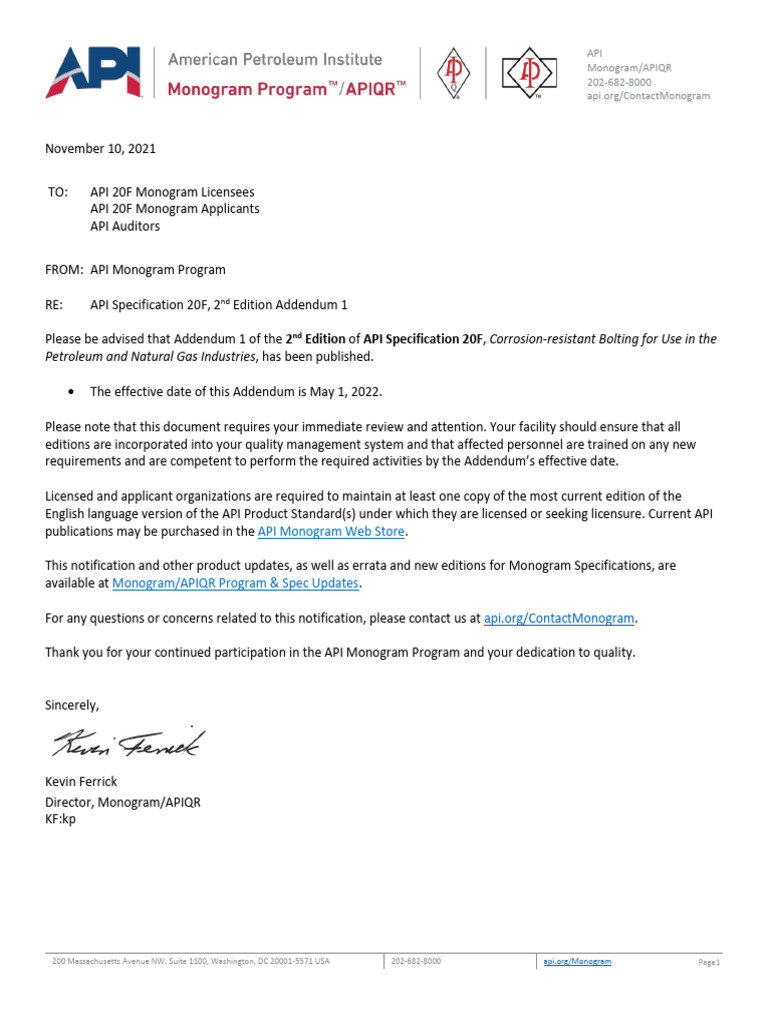 API 20F Addendum 1 Notification | PDF | Technology & Engineering