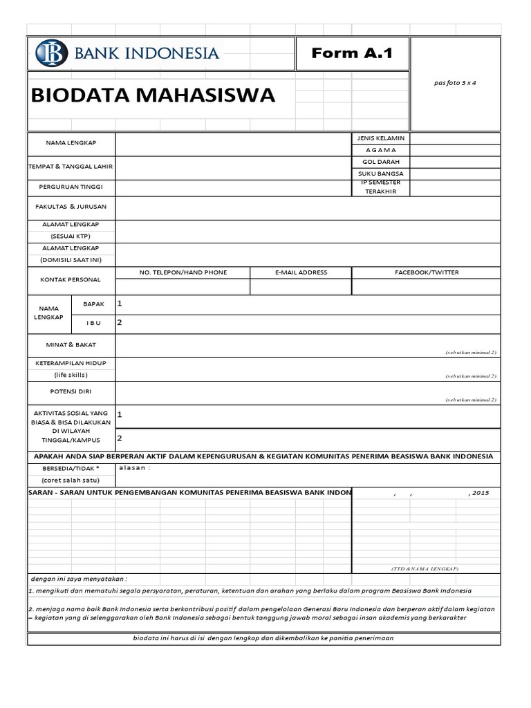 Form A1 Beasiswa Bank Indonesia | PDF
