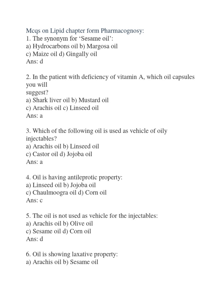 Mcqs On Lipid Chapter Form Pharmacognosy | PDF | Resin | Chemical Compounds