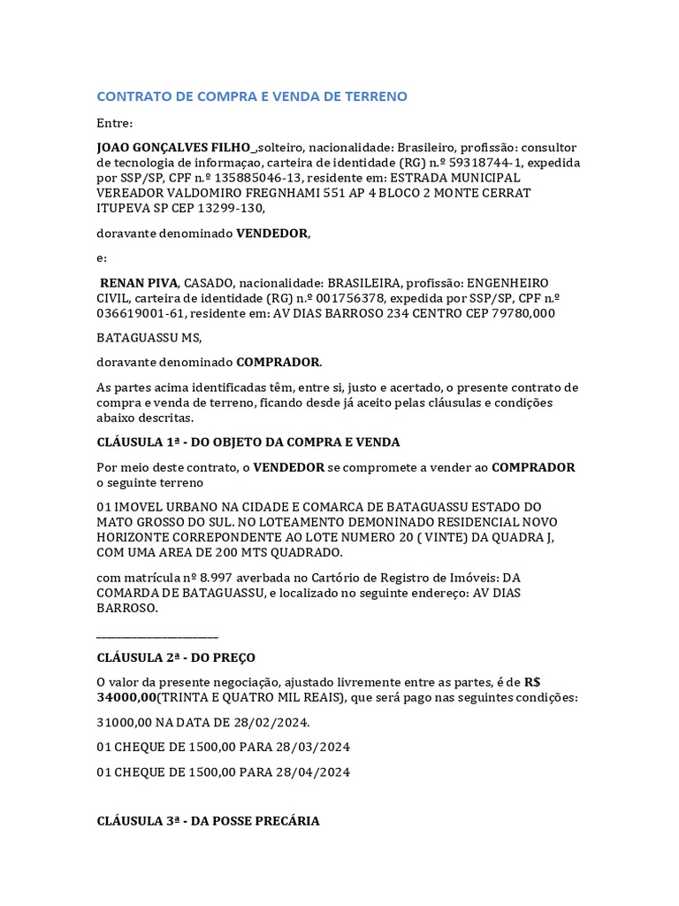 Contrato de Compra de Terreno | PDF | Impostos | Consentimento