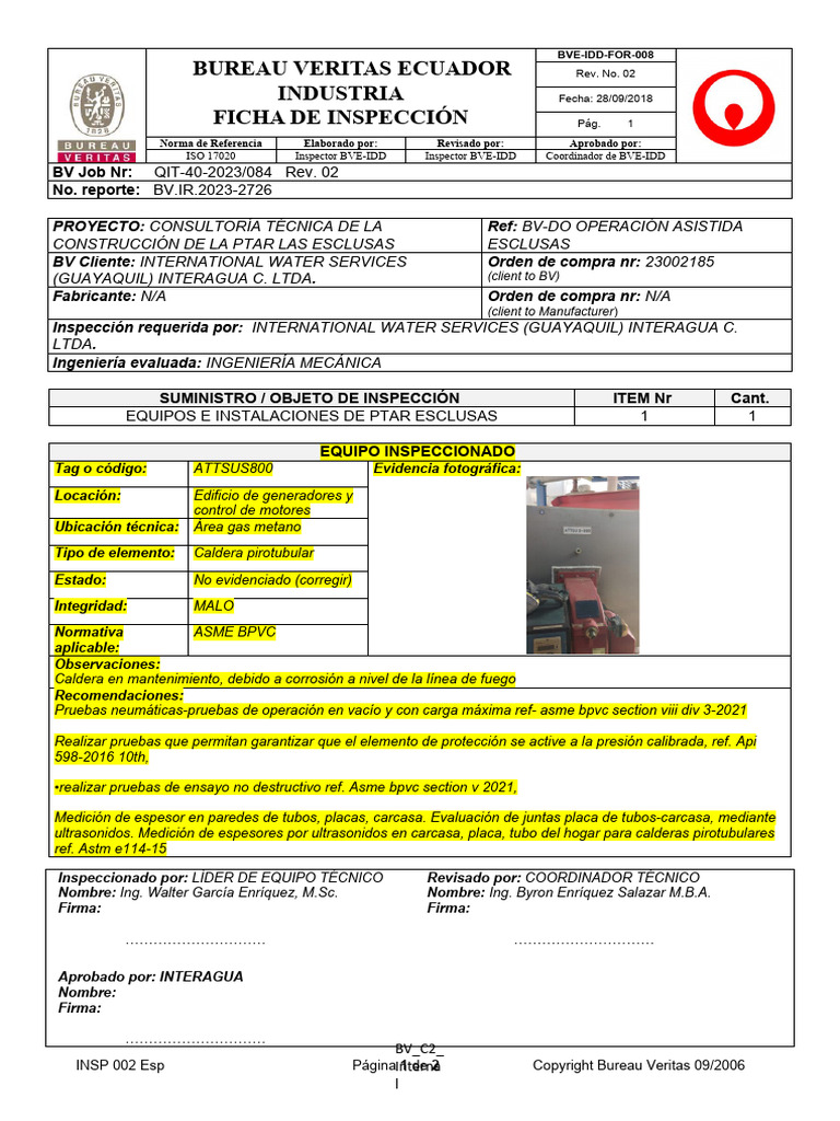 Ficha Modelo Inspección BV Llenada | PDF