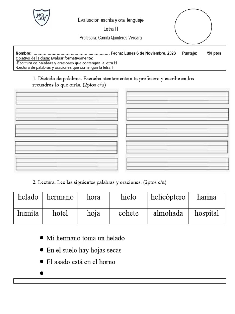 Evaluacion Escrita y Oral Letra H | PDF