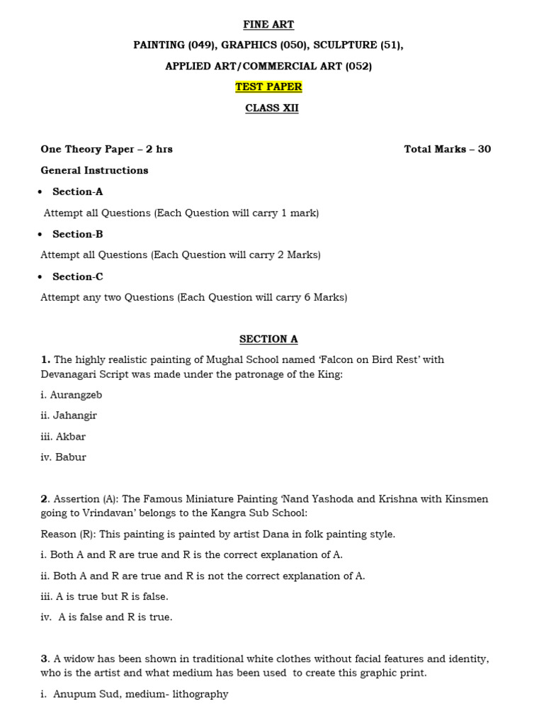 Test Paper Class 12 Fine Art | PDF | Paintings | Mughal Empire