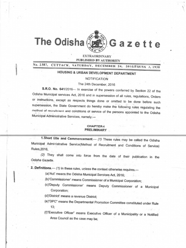 Rules - Odisha Municipal Administrative Service Rules-2016 | PDF