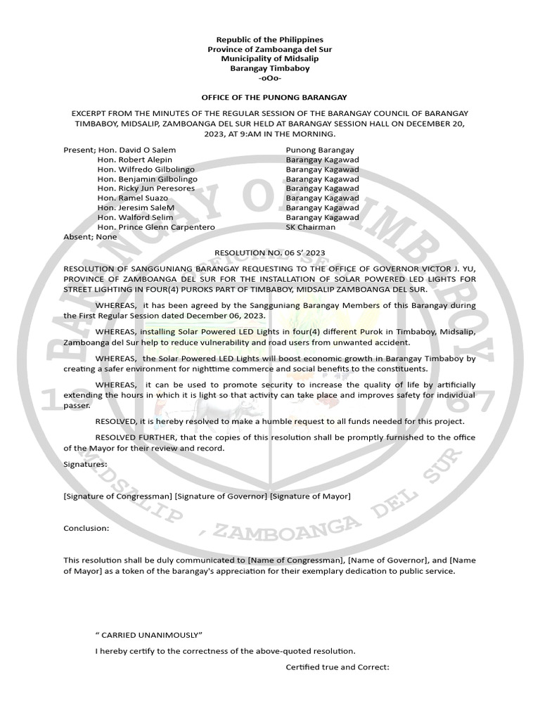 Barangay Resolution for Solar Lights | PDF