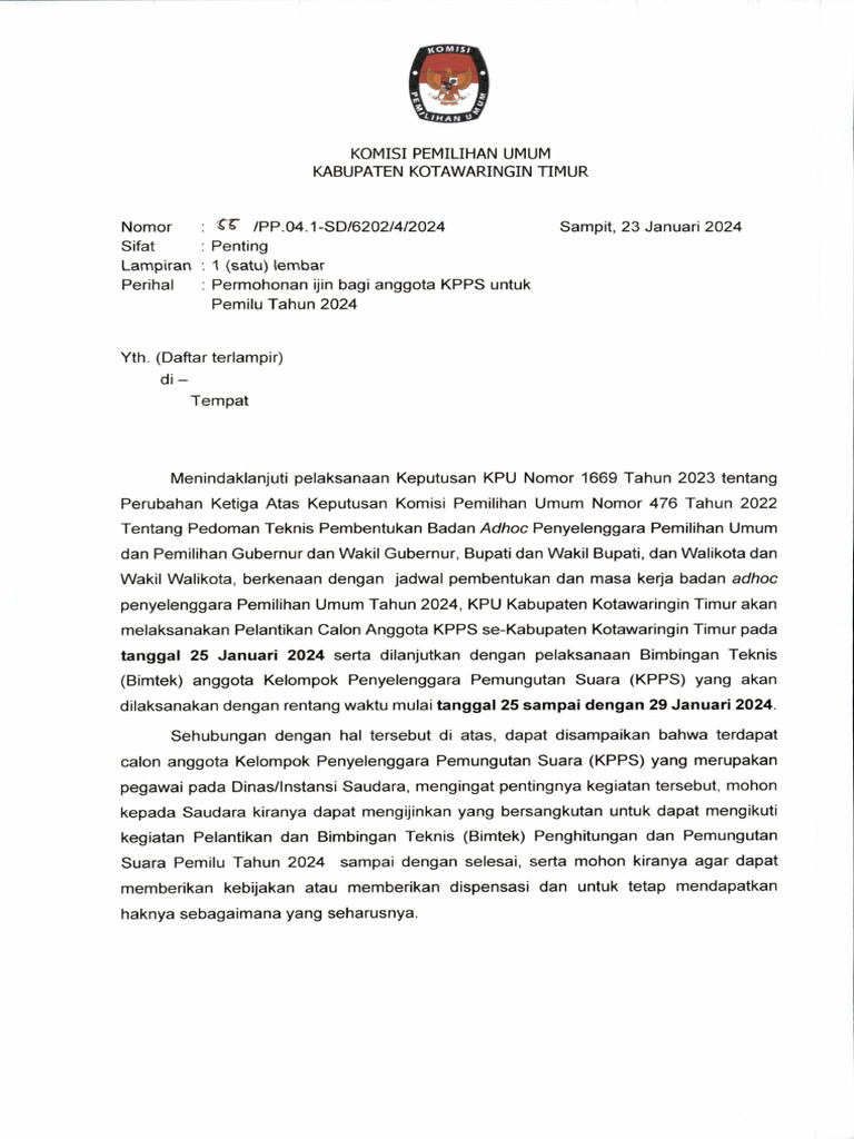 Permohonan Ijin Ke Dinas Instansi Bagi Anggota KPPS Untuk Pemilu Tahun ...
