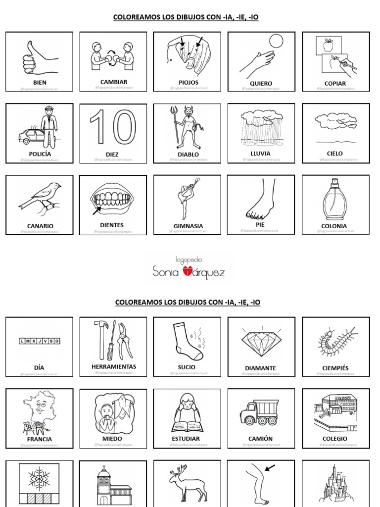 Dibujos colorear fonemas-diptongos -ia, -ie, -io | PDF