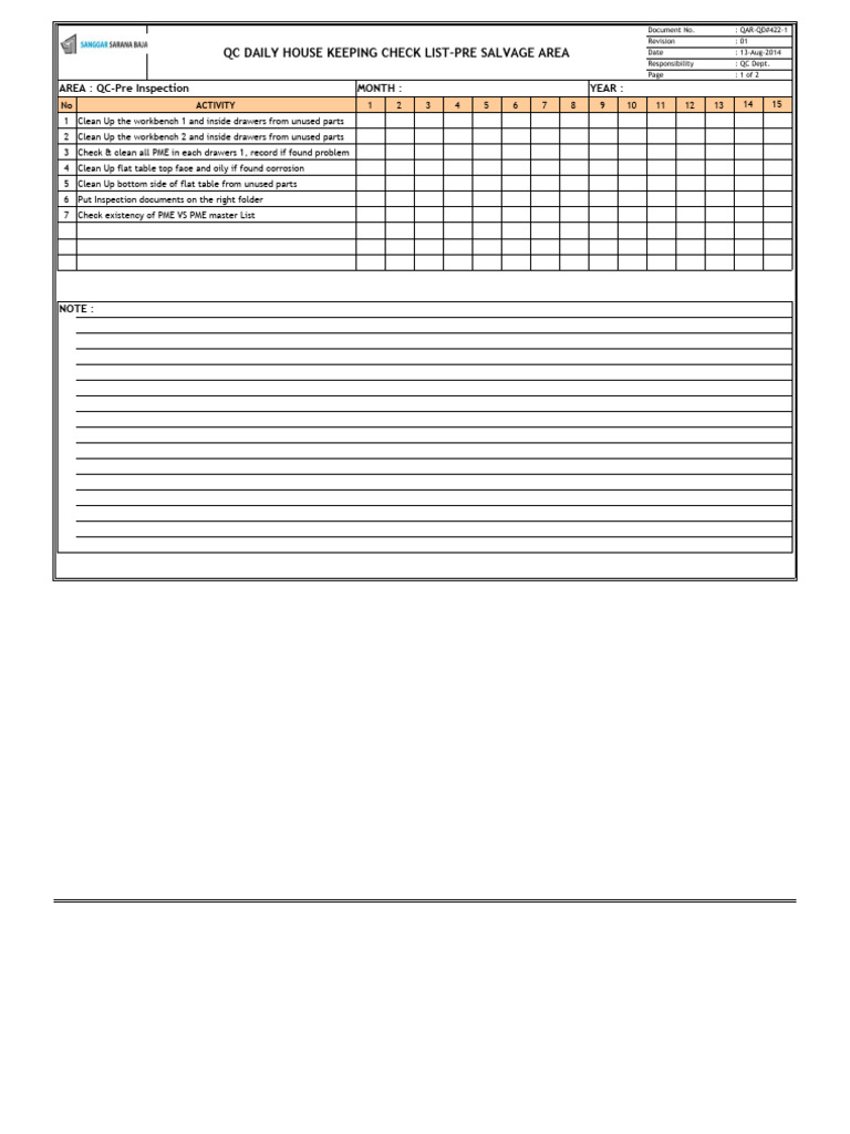 QAR-QD#422-1 QC Daily Housekeeping Check List-Pre Area Area | PDF