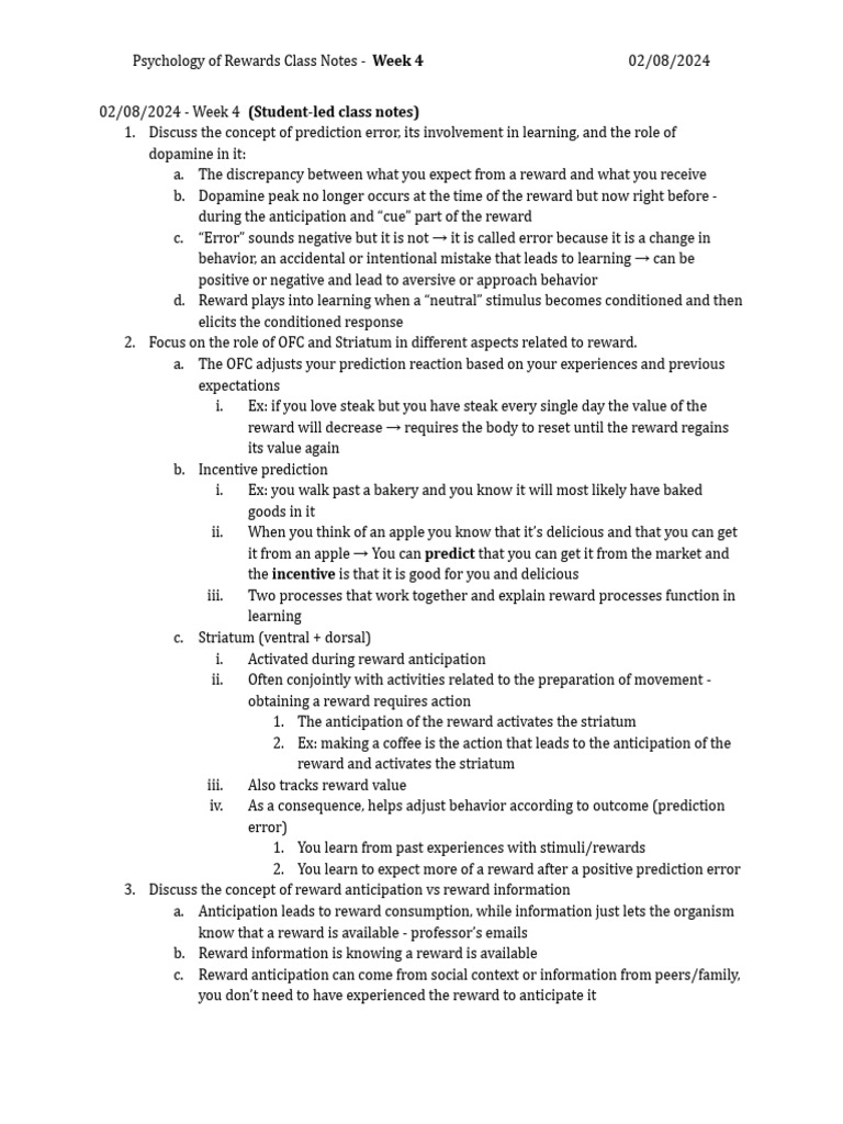 Week 4 Class Notes on Reward Psychology | PDF | Reward System | Learning