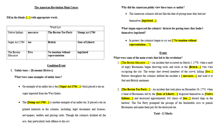 Main Causes of American Revolution Activity | PDF | Colonial United ...