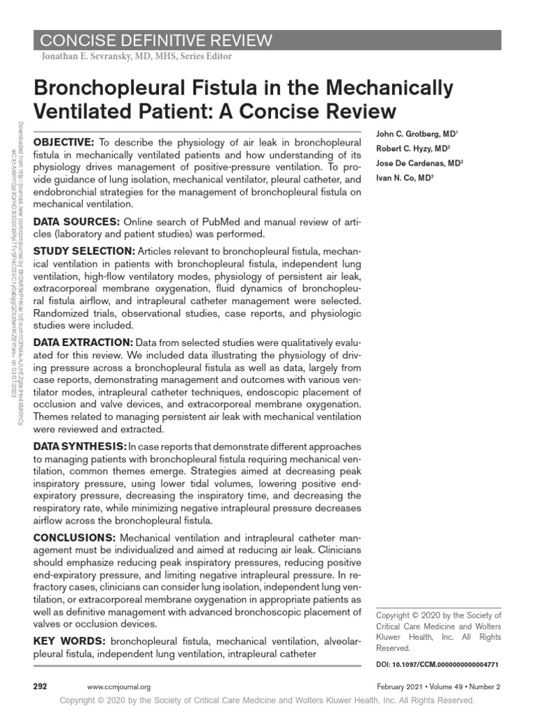 Bronchopleural Fistula in The Mechanically Ventilated Patient A | PDF ...
