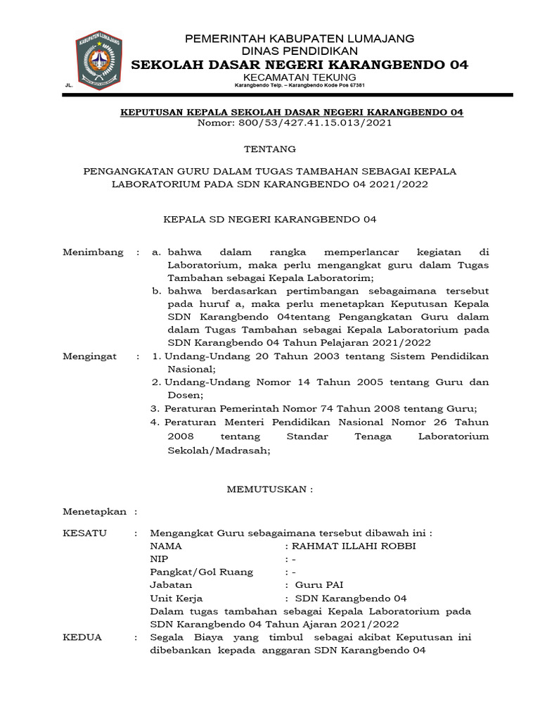 Pengangkatan Kepala Laboratorium PAI | PDF