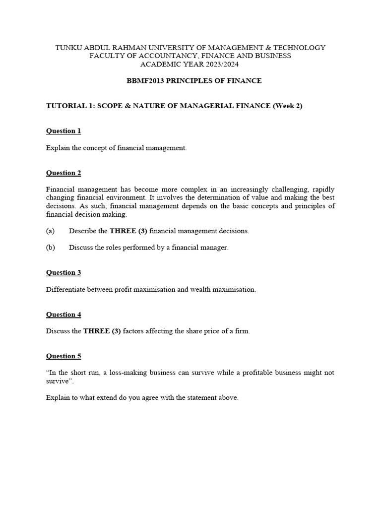 BBMF2013 Tutorial Questions | PDF