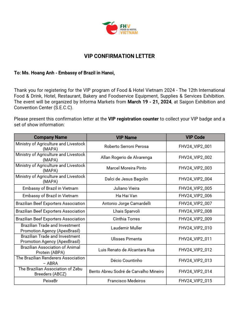 FHV24 - Confirmation Letter For VIP - Embassy of Brazil | PDF | Brazil ...