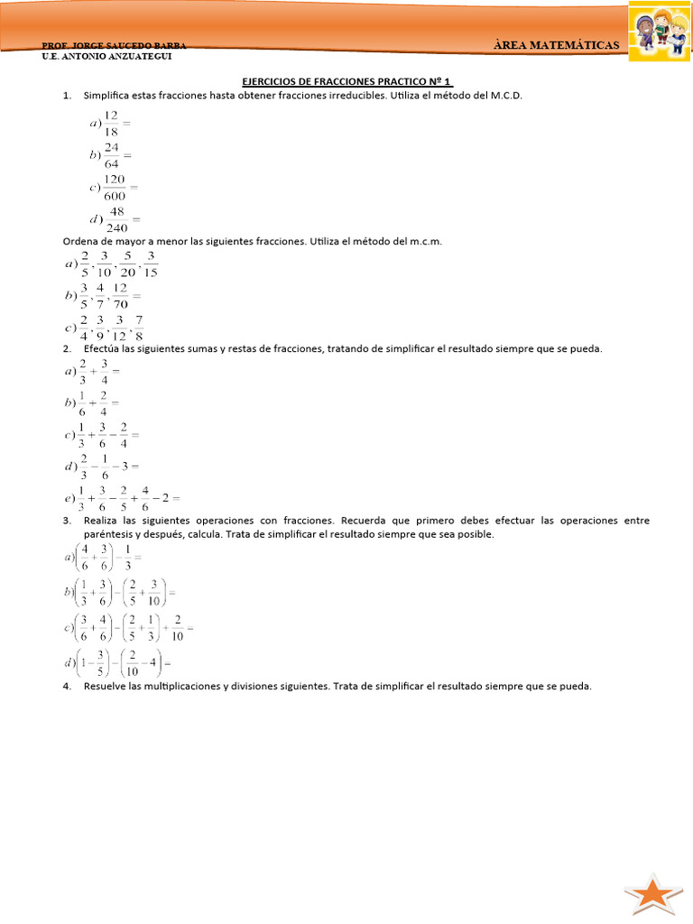 Ejercicios Prácticos de Fracciones | PDF | Métodos y materiales de enseñanza